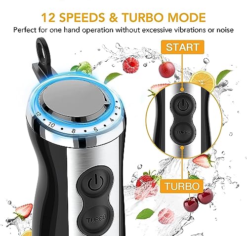 Handheld Blender, Immersion Electric Mixer, 5-in-1 Hand Blender, 800W Powerful Copper Motor, 12 Speed Turbo Mode, 20oz Beaker, 17oz Food Chopper for Smoothies, Whisk for Home Kitchen