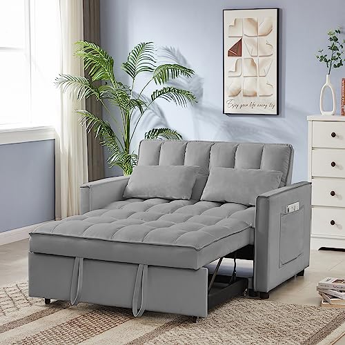 UFINEGO Sleeper Sofa Bed with Pull-Out Couch Bed, Convertible Loveseat Velvet Sofa Couch with 2 Lumbar Pillows for Small Spaces, Gray