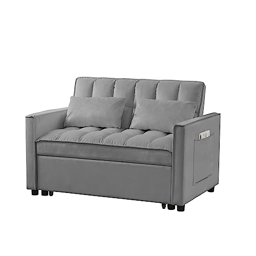 UFINEGO Sleeper Sofa Bed with Pull-Out Couch Bed, Convertible Loveseat Velvet Sofa Couch with 2 Lumbar Pillows for Small Spaces, Gray