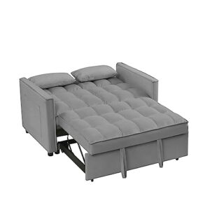 UFINEGO Sleeper Sofa Bed with Pull-Out Couch Bed, Convertible Loveseat Velvet Sofa Couch with 2 Lumbar Pillows for Small Spaces, Gray