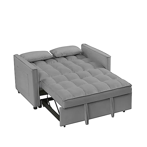 UFINEGO Sleeper Sofa Bed with Pull-Out Couch Bed, Convertible Loveseat Velvet Sofa Couch with 2 Lumbar Pillows for Small Spaces, Gray