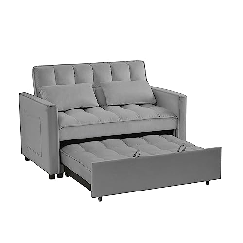 UFINEGO Sleeper Sofa Bed with Pull-Out Couch Bed, Convertible Loveseat Velvet Sofa Couch with 2 Lumbar Pillows for Small Spaces, Gray