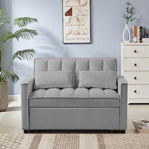 UFINEGO Sleeper Sofa Bed with Pull-Out Couch Bed, Convertible Loveseat Velvet Sofa Couch with 2 Lumbar Pillows for Small Spaces, Gray