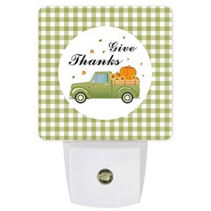 thanksgiving night lights plug-in, thanksgiving green truck pull pumpkin led nightlight with auto dusk-to-dawn sensor cool white light& ultra low power for bedroom/bathroom/hallway/kid's room