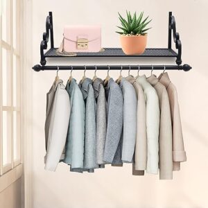 RustyVioum Wall Mounted Clothes Shelf, 80x28cm Retro Garment Shelf Clothes Organizer Shelf, Metal Closet Organizer Bedroom Coat Hanging Rack, Black