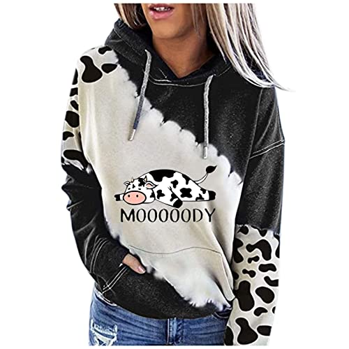 COTECRAM Hoodies Fall Fashion 2023 Oversized Cute Cow Print Sweatshirt Casual Long Sleeve Y2k Hoodie Pockets Pullover Loose Fit Tunic Winter Tops Clothes for Teen Girls Comy Shirts(A Black,Medium)