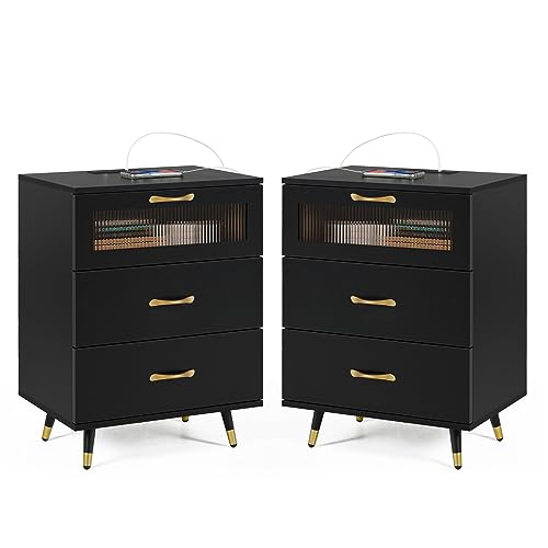 3 Drawer Nightstand Set of 2 Black Modern Nightstands with USB Charge, Glass Door, Gold Leg and Handle, Bedside Cabinet Furniture Side Table Chest for Bedroom