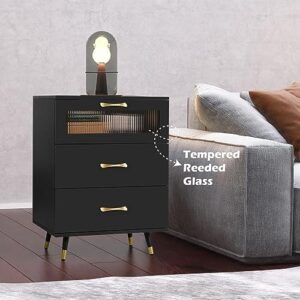 3 Drawer Nightstand Set of 2 Black Modern Nightstands with USB Charge, Glass Door, Gold Leg and Handle, Bedside Cabinet Furniture Side Table Chest for Bedroom