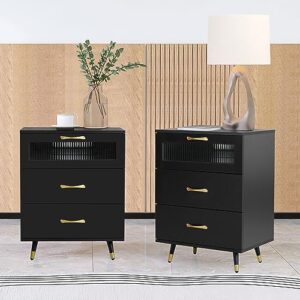 3 Drawer Nightstand Set of 2 Black Modern Nightstands with USB Charge, Glass Door, Gold Leg and Handle, Bedside Cabinet Furniture Side Table Chest for Bedroom