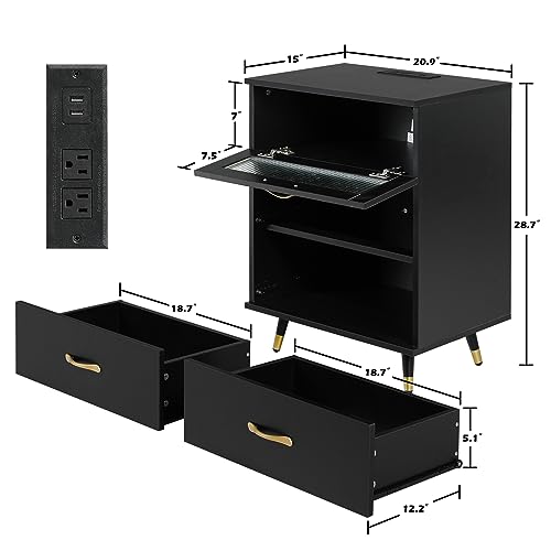 3 Drawer Nightstand Set of 2 Black Modern Nightstands with USB Charge, Glass Door, Gold Leg and Handle, Bedside Cabinet Furniture Side Table Chest for Bedroom