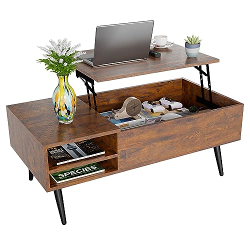 PayLessHere Lift Top Coffee Table with Adjustable Storage and Hidden Compartment Small Wood Coffee Table Center Table for Home Living Room Office Apartment Reception Room,Brown