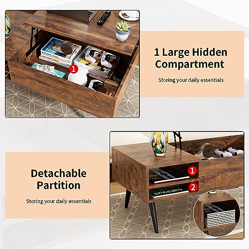 PayLessHere Lift Top Coffee Table with Adjustable Storage and Hidden Compartment Small Wood Coffee Table Center Table for Home Living Room Office Apartment Reception Room,Brown