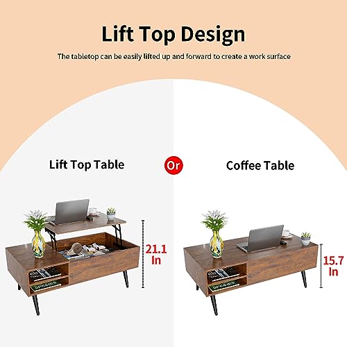 PayLessHere Lift Top Coffee Table with Adjustable Storage and Hidden Compartment Small Wood Coffee Table Center Table for Home Living Room Office Apartment Reception Room,Brown