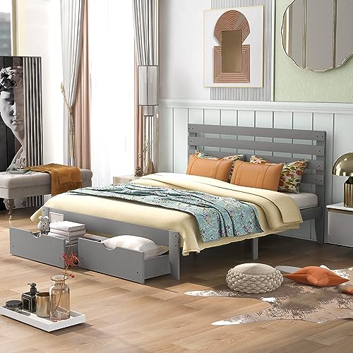 RIDFY Queen Size Wood Platform Bed Frame with Drawers,Heavy Duty Platform Bed Frame with Headboard,Bed Frame with Storage,No Box Spring Needed, Easy Assembly(Queen) (Grey)