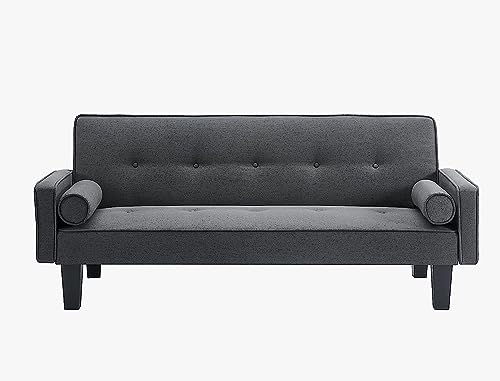 FULife 72" Convertible Loveseat Sofa Bed Sleeper Daybed,Modern Upholstered Folding Recliner,Small Futon Sofá,2 Seaters Couches with Two Pillows for Living Room/Office/Aparment/Place, Dark Grey Fabric