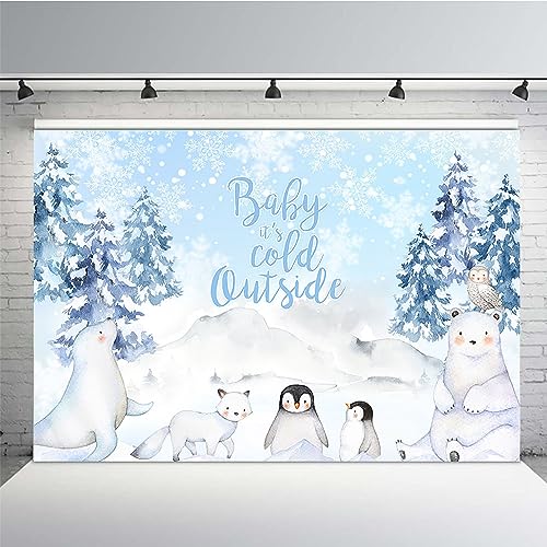 MEHOFOND 7x5ft Winter Baby Shower Backdrop Baby It's Cold Outside Background Blue Watercolor Artic Animals Penguin Baby Shower Party Banner Decorations Photo Booth Props