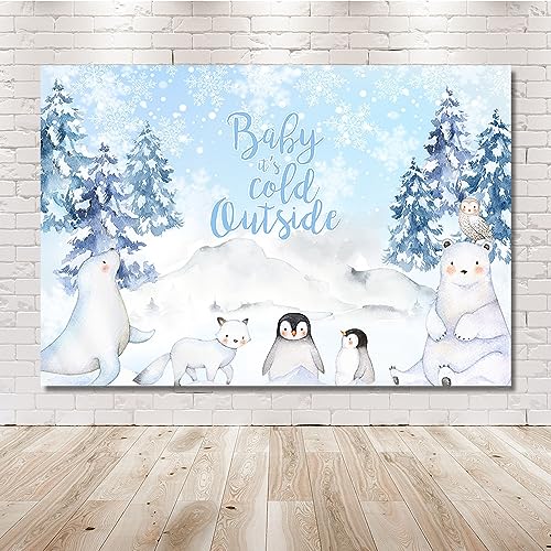 MEHOFOND 7x5ft Winter Baby Shower Backdrop Baby It's Cold Outside Background Blue Watercolor Artic Animals Penguin Baby Shower Party Banner Decorations Photo Booth Props