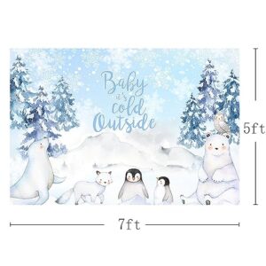 MEHOFOND 7x5ft Winter Baby Shower Backdrop Baby It's Cold Outside Background Blue Watercolor Artic Animals Penguin Baby Shower Party Banner Decorations Photo Booth Props