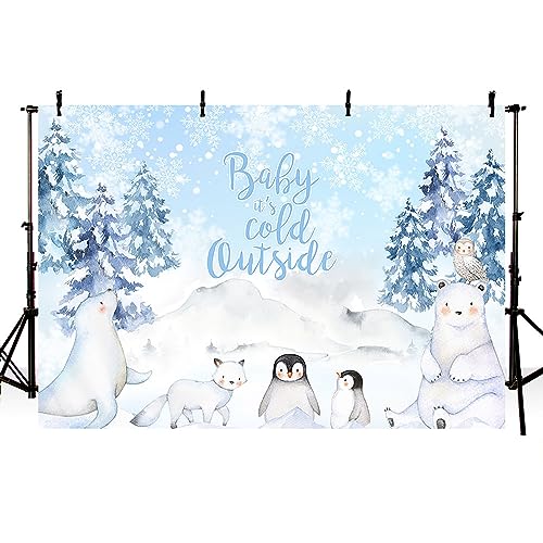 MEHOFOND 7x5ft Winter Baby Shower Backdrop Baby It's Cold Outside Background Blue Watercolor Artic Animals Penguin Baby Shower Party Banner Decorations Photo Booth Props