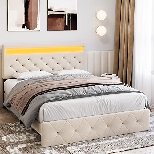 GAOMON Full Size Bed Frame with Led Lights Upholstered Platform Bed Frame with Headboard, Full Size Led Bed Frame with Fast-Charging USB Port, No Box Spring Needed, Beige