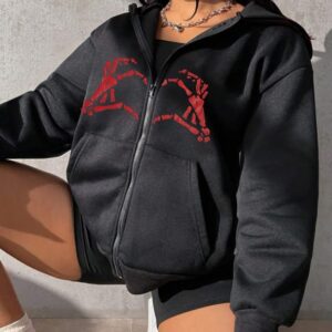 JINTING Skeleton Heart Hand Zip Up Hoodie Sweatshirt Women Vintage Jacket Halloween Oversized Top Jackets Pullover Black