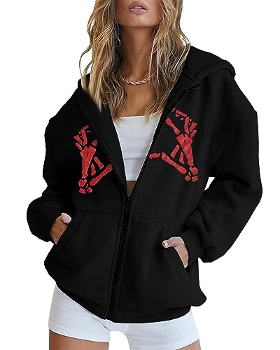 JINTING Skeleton Heart Hand Zip Up Hoodie Sweatshirt Women Vintage Jacket Halloween Oversized Top Jackets Pullover Black