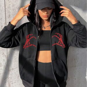 JINTING Skeleton Heart Hand Zip Up Hoodie Sweatshirt Women Vintage Jacket Halloween Oversized Top Jackets Pullover Black