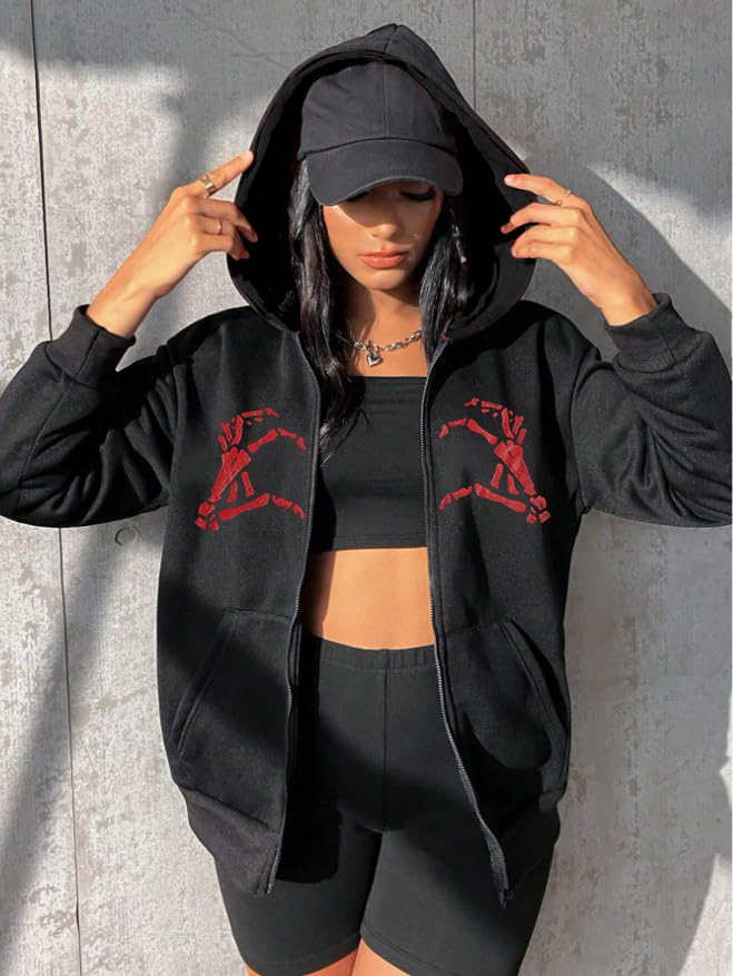 JINTING Skeleton Heart Hand Zip Up Hoodie Sweatshirt Women Vintage Jacket Halloween Oversized Top Jackets Pullover Black