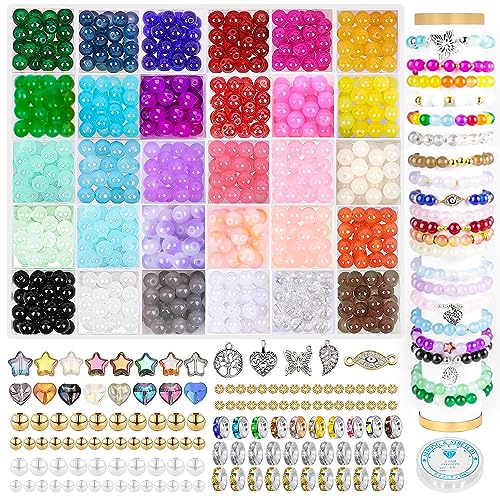 855pc Glass Beads Bracelet Making Kit, 28 Colors 8mm Glass Beads for Jewelry Making Crystal Beads for Bracelet Earring, Necklaces and DIY Crafts Glass Round Beads Bulk with Spacer Beads Set