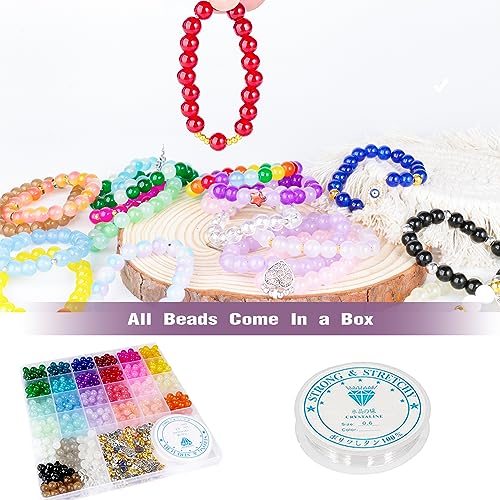 855pc Glass Beads Bracelet Making Kit, 28 Colors 8mm Glass Beads for Jewelry Making Crystal Beads for Bracelet Earring, Necklaces and DIY Crafts Glass Round Beads Bulk with Spacer Beads Set