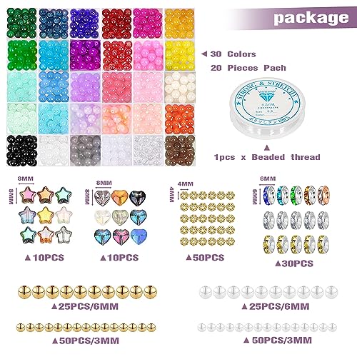 855pc Glass Beads Bracelet Making Kit, 28 Colors 8mm Glass Beads for Jewelry Making Crystal Beads for Bracelet Earring, Necklaces and DIY Crafts Glass Round Beads Bulk with Spacer Beads Set