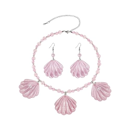 Qiuseadu Pink Seashell Necklace Earrings Set Girls Costume Dress Up Accessories Jewelry for Girls Women