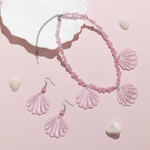 Qiuseadu Pink Seashell Necklace Earrings Set Girls Costume Dress Up Accessories Jewelry for Girls Women