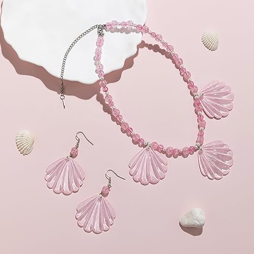 Qiuseadu Pink Seashell Necklace Earrings Set Girls Costume Dress Up Accessories Jewelry for Girls Women