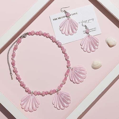 Qiuseadu Pink Seashell Necklace Earrings Set Girls Costume Dress Up Accessories Jewelry for Girls Women