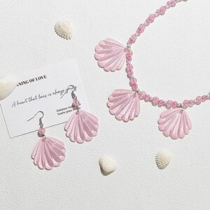 Qiuseadu Pink Seashell Necklace Earrings Set Girls Costume Dress Up Accessories Jewelry for Girls Women