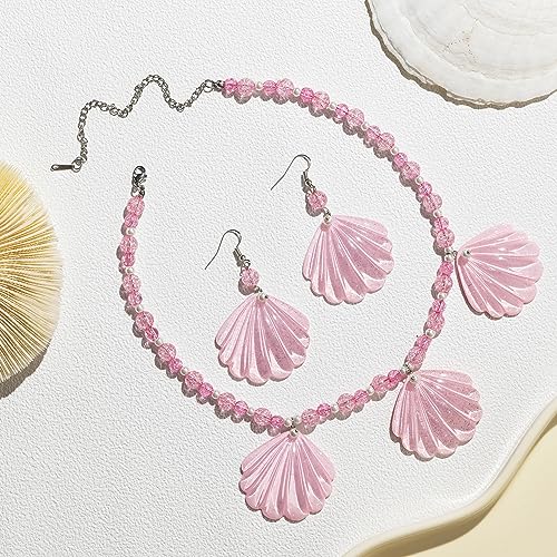 Qiuseadu Pink Seashell Necklace Earrings Set Girls Costume Dress Up Accessories Jewelry for Girls Women