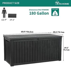 YITAHOME 180 Gallon Large Outdoor Storage XL Deck Box w/Divider for Patio Furniture,Outdoor Cushions, Garden Tools, Sports Equipment and Pool Supplies, Waterproof, Resin, Lockable, Black