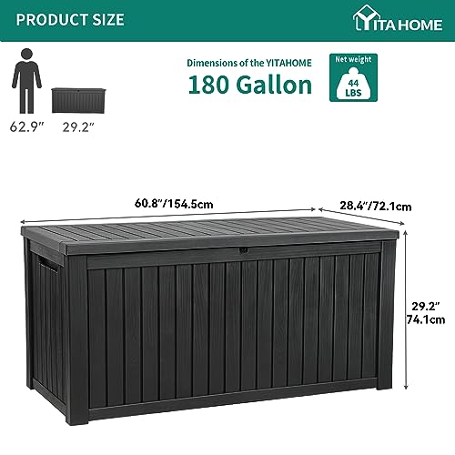 YITAHOME 180 Gallon Large Outdoor Storage XL Deck Box w/Divider for Patio Furniture,Outdoor Cushions, Garden Tools, Sports Equipment and Pool Supplies, Waterproof, Resin, Lockable, Black