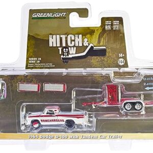 1964 D-100 Pickup Truck White with Red Stripes RAMCHARGERS with Tandem Car Trailer Hitch & Tow Series 28 1/64 Diecast Model Car by Greenlight 32280A