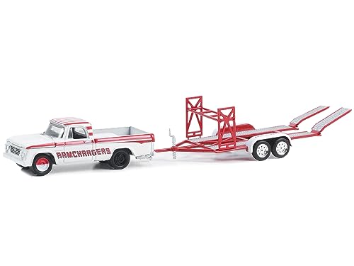 1964 D-100 Pickup Truck White with Red Stripes RAMCHARGERS with Tandem Car Trailer Hitch & Tow Series 28 1/64 Diecast Model Car by Greenlight 32280A