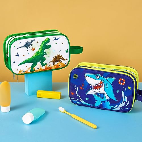 Dinosaur Toiletry Bag - Travel Toiletry Bag for Boys Kids Christmas Birthday Gift Toiletries Makeup Cosmetic Pouch Camping Traveling Toiletry Case Water-resistant Wash Bag Dopp Kit with Mesh Pocket