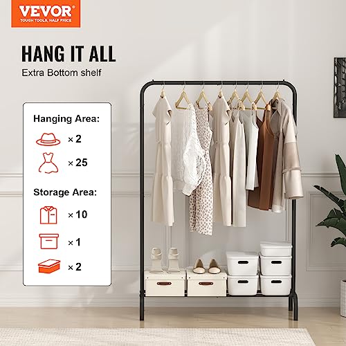 VEVOR Clothes Rack with Wheels, Heavy Duty Clothing Garment Rack with Hanging Rod and Bottom Storage Area, Adjustable Length Clothing Rack, 2 Lockable Wheels