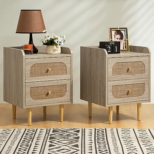 Rattan Nightstand Set of 2 with Drawers - Boho Bedside Table with Storage - Night Stand with Solid Wood Feet - Small Side Table End Table for Bedroom