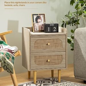 Rattan Nightstand Set of 2 with Drawers - Boho Bedside Table with Storage - Night Stand with Solid Wood Feet - Small Side Table End Table for Bedroom