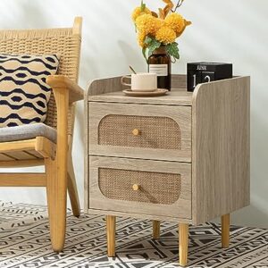 Rattan Nightstand Set of 2 with Drawers - Boho Bedside Table with Storage - Night Stand with Solid Wood Feet - Small Side Table End Table for Bedroom