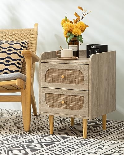 Rattan Nightstand Set of 2 with Drawers - Boho Bedside Table with Storage - Night Stand with Solid Wood Feet - Small Side Table End Table for Bedroom