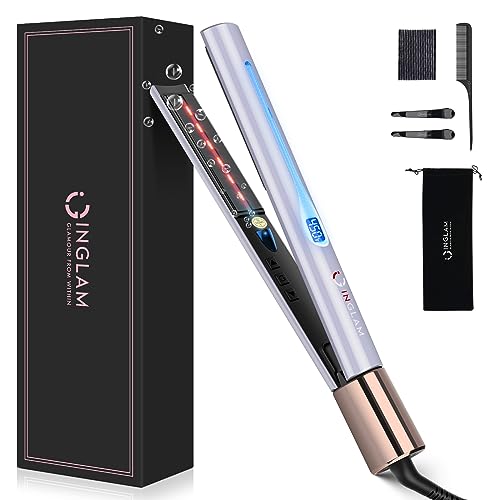 IG INGLAM Titanium Flat Iron Hair Straightener, Curling Iron 1 Inch, Infrared Negative Ionic Hair Iron Straightener 11 Adjust Temp 250°F to 450°F, Shiny Hair Dual Voltage 110-240V, Gift, Rose Gold