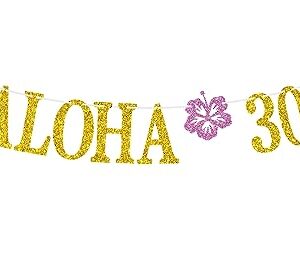 Hawaiian Aloha 30 Banner, Cheers to 30 Years Bunting Sign, Happy 30th Birthday Party Decorations Supplies, Hawaiian Tropical Luau Favors Sign Photo Booth Props, Gold Glitter