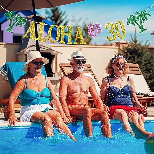 Hawaiian Aloha 30 Banner, Cheers to 30 Years Bunting Sign, Happy 30th Birthday Party Decorations Supplies, Hawaiian Tropical Luau Favors Sign Photo Booth Props, Gold Glitter